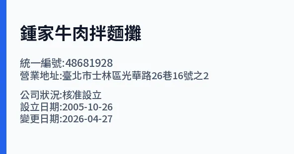 鍾家牛肉拌麵攤的照片-統編 48681928(臺北市) 公司登記資料與營業項目詳細圖表
