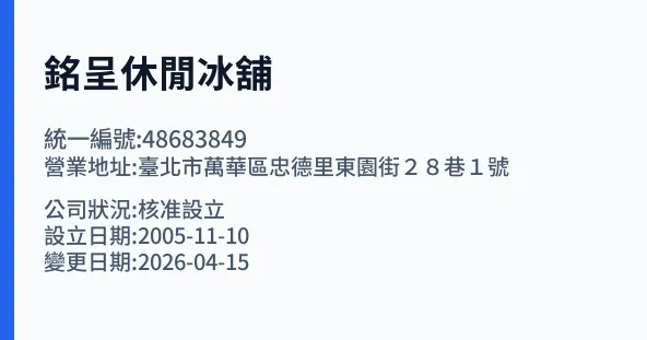 銘呈休閒冰舖的照片-統編 48683849(臺北市) 公司登記資料與營業項目詳細圖表