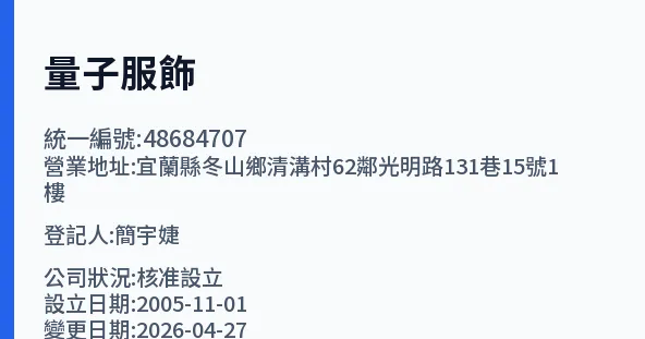 量子服飾的照片-統編 48684707(宜蘭縣) 公司登記資料與營業項目詳細圖表