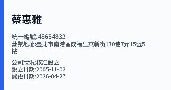 蔡惠雅的照片-統編 48684832(臺北市) 公司登記資料與營業項目詳細圖表