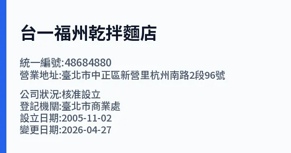 台一福州乾拌麵店的照片-統編 48684880(臺北市) 公司登記資料與營業項目詳細圖表