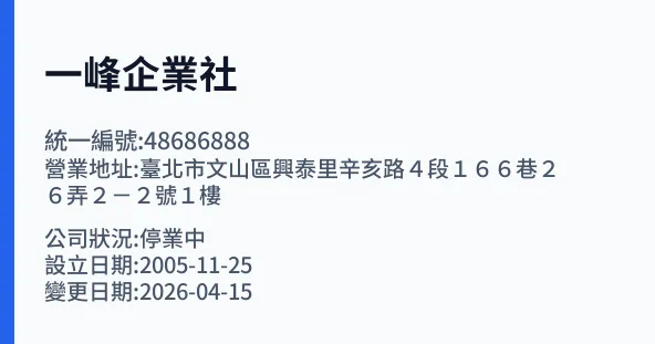 一峰企業社的照片-統編 48686888(臺北市) 公司登記資料與營業項目詳細圖表