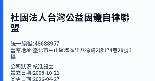 社團法人台灣公益團體自律聯盟的照片-統編 48688957(臺北市) 公司登記資料與營業項目詳細圖表