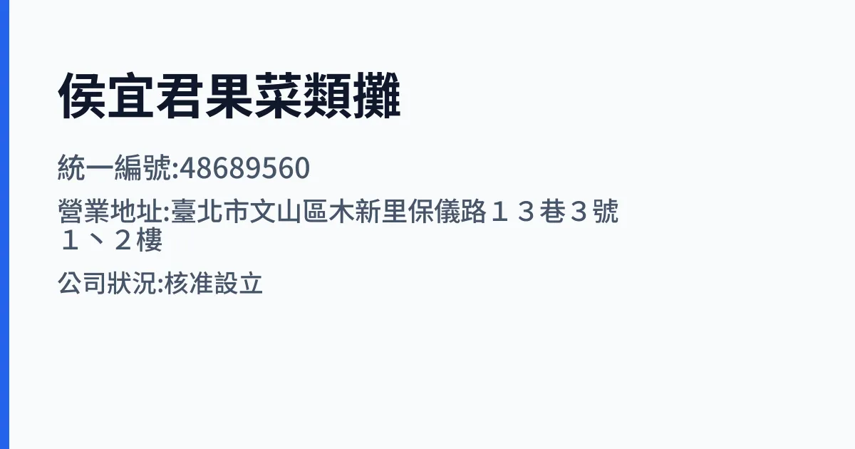 侯宜君果菜類攤 - 統編 48689560(臺北市) 公司登記資料與營業項目詳細圖表