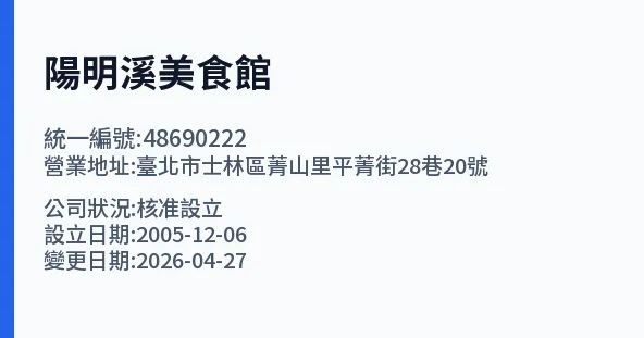 陽明溪美食館的照片-統編 48690222(臺北市) 公司登記資料與營業項目詳細圖表