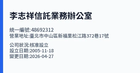 李志祥信託業務辦公室的照片-統編 48692312(臺北市) 公司登記資料與營業項目詳細圖表