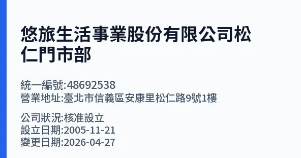 悠旅生活事業股份有限公司松仁門市部的照片-統編 48692538(臺北市) 公司登記資料與營業項目詳細圖表