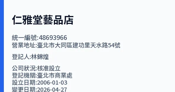 仁雅堂藝品店的照片-統編 48693966(臺北市) 公司登記資料與營業項目詳細圖表