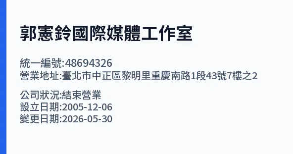 郭憲鈴國際媒體工作室的照片-統編 48694326(臺北市) 公司登記資料與營業項目詳細圖表