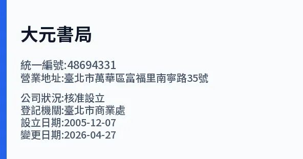 大元書局的照片-統編 48694331(臺北市) 公司登記資料與營業項目詳細圖表
