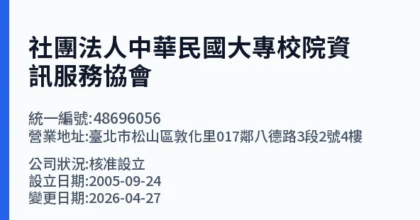 社團法人中華民國大專校院資訊服務協會的照片-統編 48696056(臺北市) 公司登記資料與營業項目詳細圖表