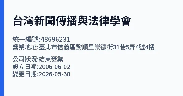 台灣新聞傳播與法律學會的照片-統編 48696231(臺北市) 公司登記資料與營業項目詳細圖表