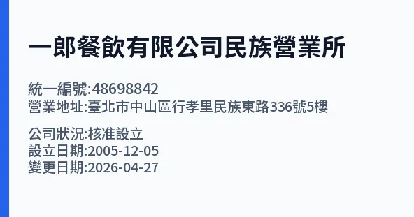 一郎餐飲有限公司民族營業所的照片-統編 48698842(臺北市) 公司登記資料與營業項目詳細圖表