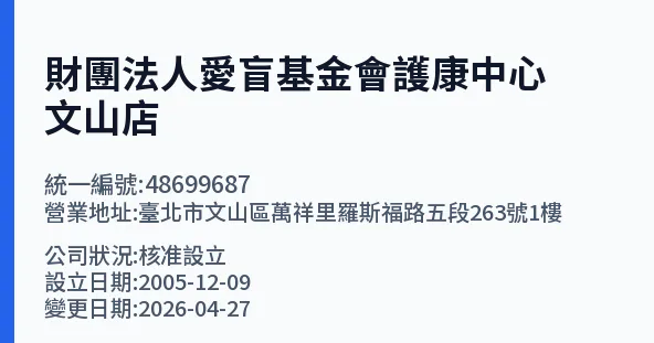 財團法人愛盲基金會護康中心文山店的照片-統編 48699687(臺北市) 公司登記資料與營業項目詳細圖表