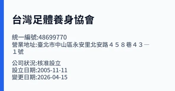 台灣足體養身協會的照片-統編 48699770(臺北市) 公司登記資料與營業項目詳細圖表