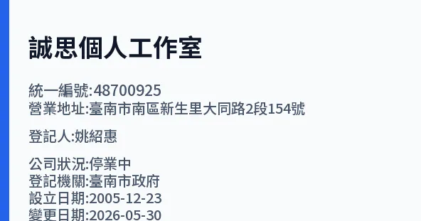 誠思個人工作室的照片-統編 48700925(臺南市) 公司登記資料與營業項目詳細圖表