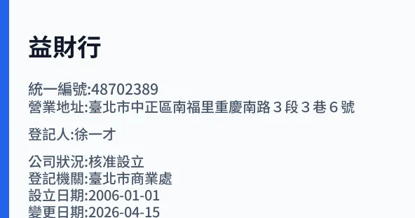 益財行的照片-統編 48702389(臺北市) 公司登記資料與營業項目詳細圖表
