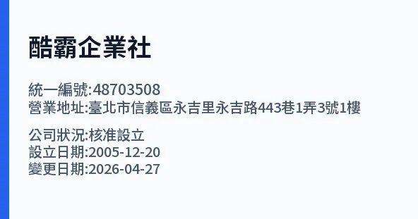 酷霸企業社的照片-統編 48703508(臺北市) 公司登記資料與營業項目詳細圖表
