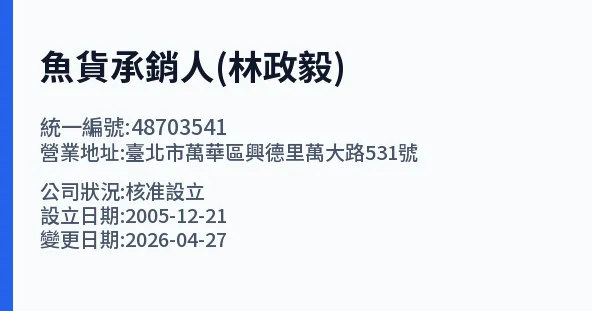 魚貨承銷人(林政毅)的照片-統編 48703541(臺北市) 公司登記資料與營業項目詳細圖表