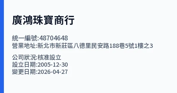 廣鴻珠寶商行的照片-統編 48704648(新北市) 公司登記資料與營業項目詳細圖表