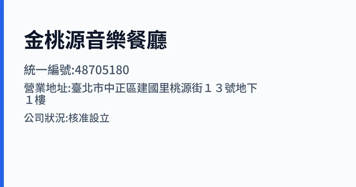 金桃源音樂餐廳 - 統編 48705180(臺北市) 公司登記資料與營業項目詳細圖表