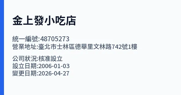 金上發小吃店的照片-統編 48705273(臺北市) 公司登記資料與營業項目詳細圖表