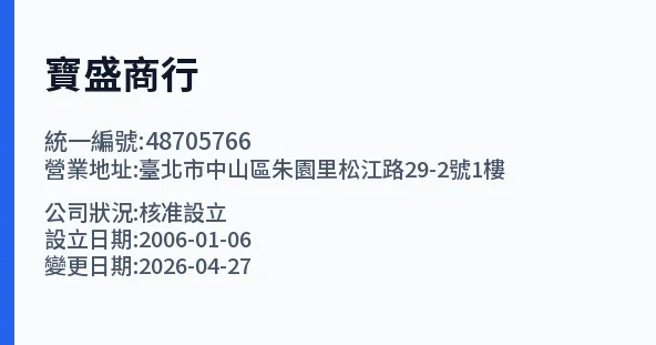 寶盛商行的照片-統編 48705766(臺北市) 公司登記資料與營業項目詳細圖表