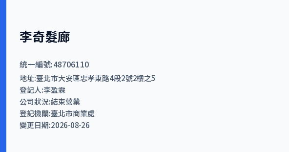 李奇髮廊的照片-統編 48706110(臺北市) 公司登記資料與營業項目詳細圖表