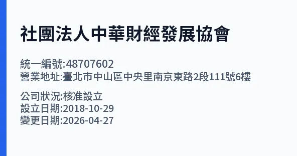 社團法人中華財經發展協會的照片-統編 48707602(臺北市) 公司登記資料與營業項目詳細圖表