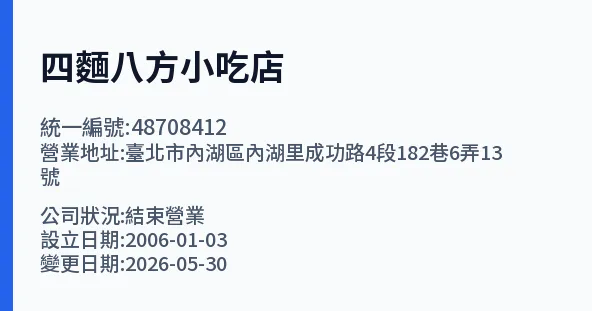 四麵八方小吃店的照片-統編 48708412(臺北市) 公司登記資料與營業項目詳細圖表