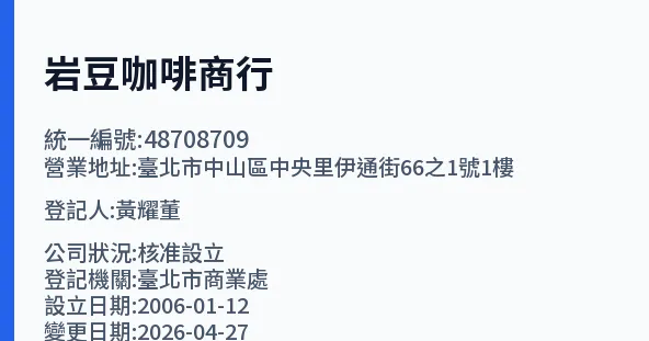 岩豆咖啡商行的照片-統編 48708709(臺北市) 公司登記資料與營業項目詳細圖表