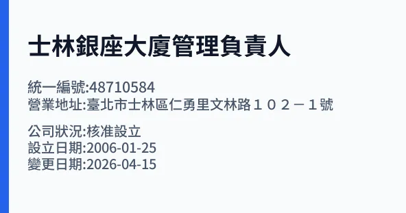士林銀座大廈管理負責人的照片-統編 48710584(臺北市) 公司登記資料與營業項目詳細圖表
