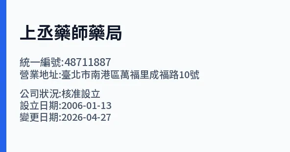 上丞藥師藥局的照片-統編 48711887(臺北市) 公司登記資料與營業項目詳細圖表