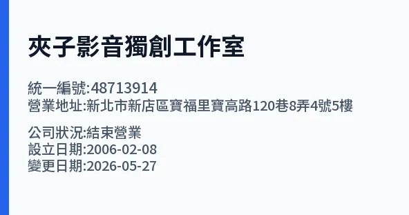 夾子影音獨創工作室的照片-統編 48713914(新北市) 公司登記資料與營業項目詳細圖表
