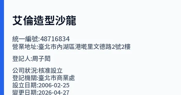艾倫造型沙龍的照片-統編 48716834(臺北市) 公司登記資料與營業項目詳細圖表