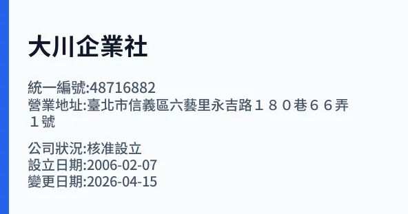 大川企業社的照片-統編 48716882(臺北市) 公司登記資料與營業項目詳細圖表