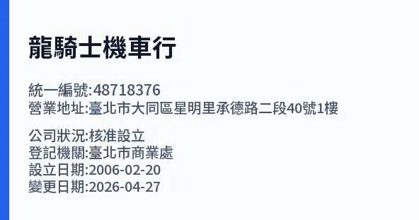 龍騎士機車行的照片-統編 48718376(臺北市) 公司登記資料與營業項目詳細圖表