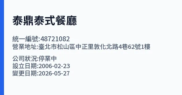泰鼎泰式餐廳的照片-統編 48721082(臺北市) 公司登記資料與營業項目詳細圖表