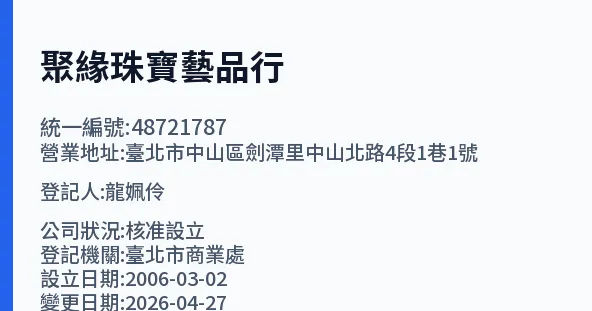 聚緣珠寶藝品行的照片-統編 48721787(臺北市) 公司登記資料與營業項目詳細圖表
