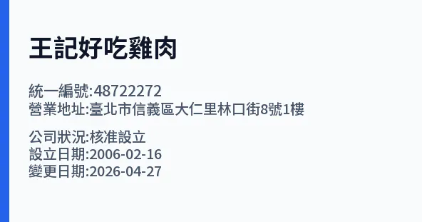王記好吃雞肉的照片-統編 48722272(臺北市) 公司登記資料與營業項目詳細圖表