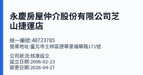 永慶房屋仲介股份有限公司芝山捷運店的照片-統編 48723785(臺北市) 公司登記資料與營業項目詳細圖表