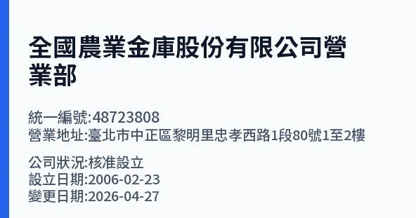 全國農業金庫股份有限公司營業部的照片-統編 48723808(臺北市) 公司登記資料與營業項目詳細圖表
