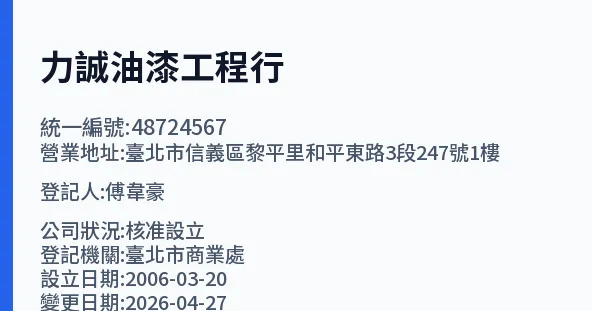 力誠油漆工程行的照片-統編 48724567(臺北市) 公司登記資料與營業項目詳細圖表