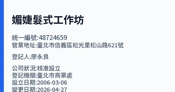媚婕髮式工作坊的照片-統編 48724659(臺北市) 公司登記資料與營業項目詳細圖表