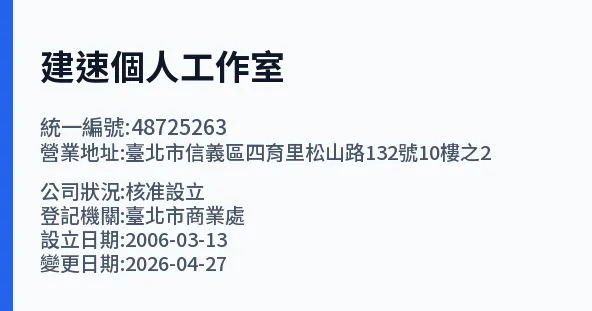 建速個人工作室的照片-統編 48725263(臺北市) 公司登記資料與營業項目詳細圖表