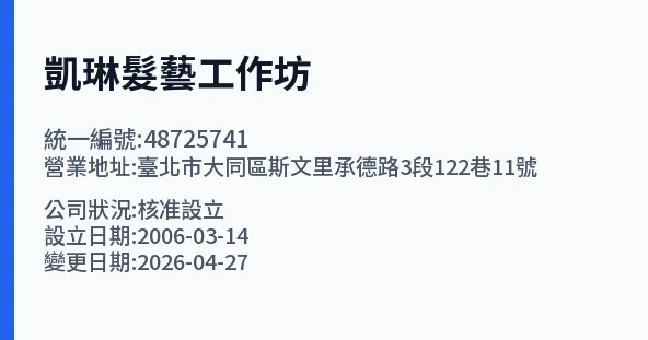 凱琳髮藝工作坊的照片-統編 48725741(臺北市) 公司登記資料與營業項目詳細圖表