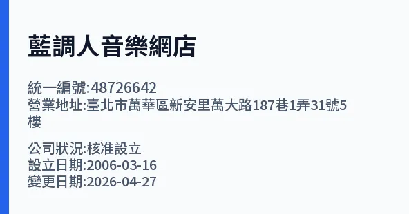 藍調人音樂網店的照片-統編 48726642(臺北市) 公司登記資料與營業項目詳細圖表