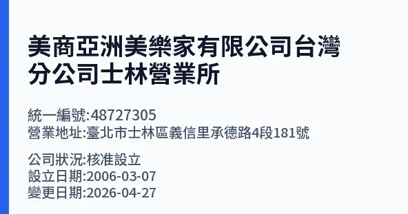美商亞洲美樂家有限公司台灣分公司士林營業所的照片-統編 48727305(臺北市) 公司登記資料與營業項目詳細圖表