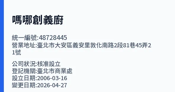 嗎哪創義廚的照片-統編 48728445(臺北市) 公司登記資料與營業項目詳細圖表