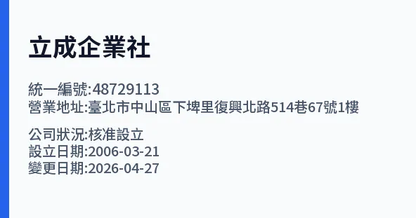 立成企業社的照片-統編 48729113(臺北市) 公司登記資料與營業項目詳細圖表